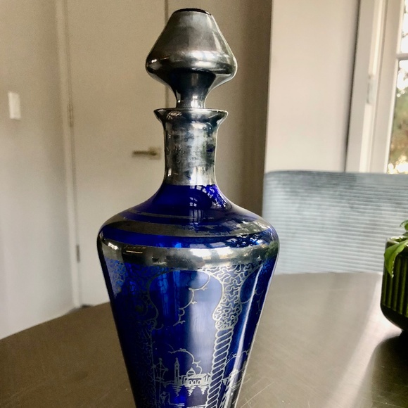 Accents Vintage Cobalt Blue Glass Decanter With Silver Overlay And Stopper Poshmark